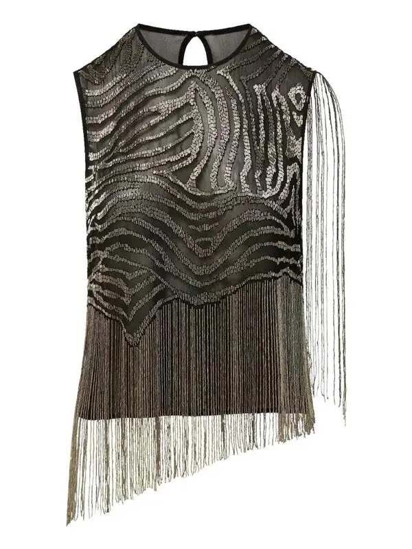 Veronica Beard Olivia Beaded Fringed Top - Black
