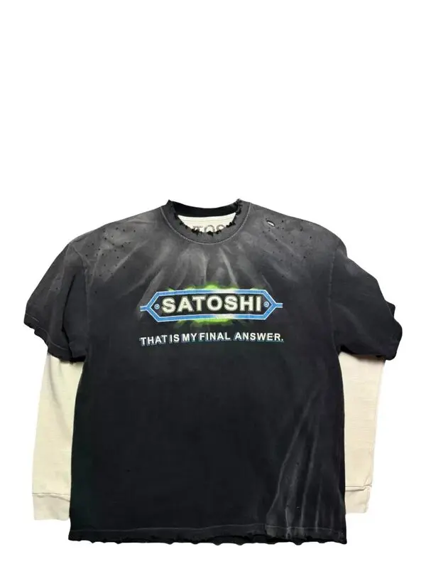 SATOSHI NAKAMOTO Distressed Layered-sleeve T-shirt - Black