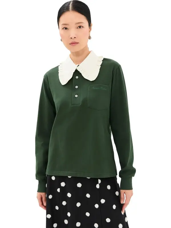 TANNER FLETCHER Frank Ruffle Collar Long Sleeve Polo - Green/ivory