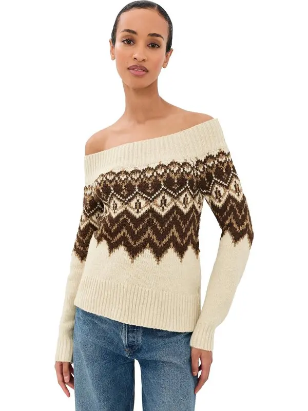 Moon River Off-shoulder Sweater Top - Brown Multi