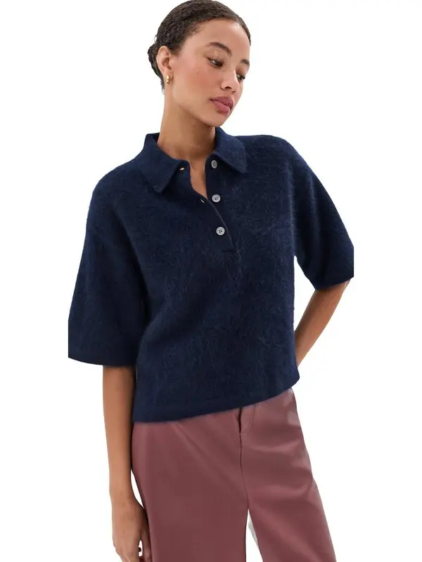 LE BOP Callie Brushed Wool Polo Sweater - Navy