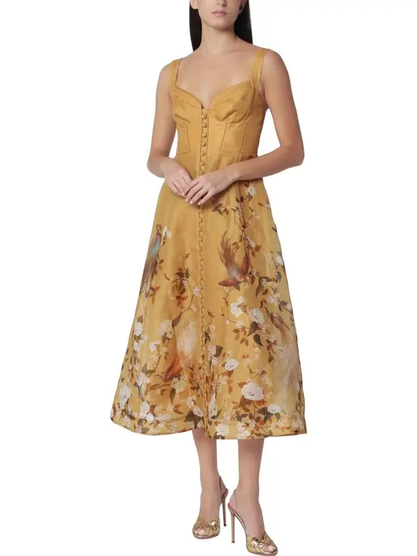 Zimmermann Momentum Midi Dress In Silk And Linen With Textured Detailing - Silver