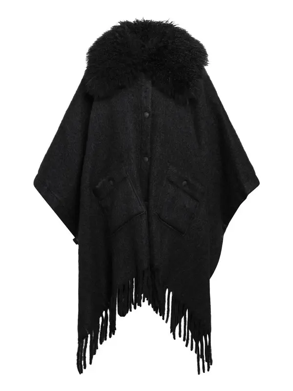 Moncler Cape In Wool, Mohair And Alpaca Blend With Shearling Collar - Black