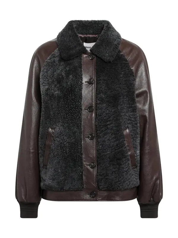 Miu Miu Leather Blouson Jacket With Grey Shearling - Brown