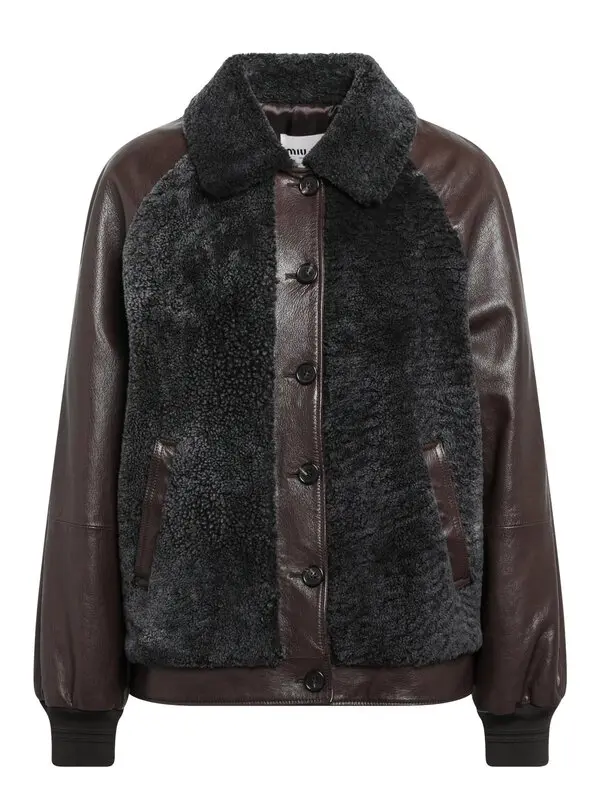 Miu Miu Leather Blouson Jacket With Grey Shearling - Brown