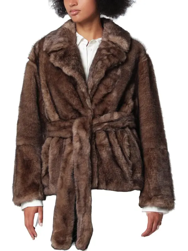 STAND STUDIO Brown Silena Jacket In Faux Fur With Belt - Brown