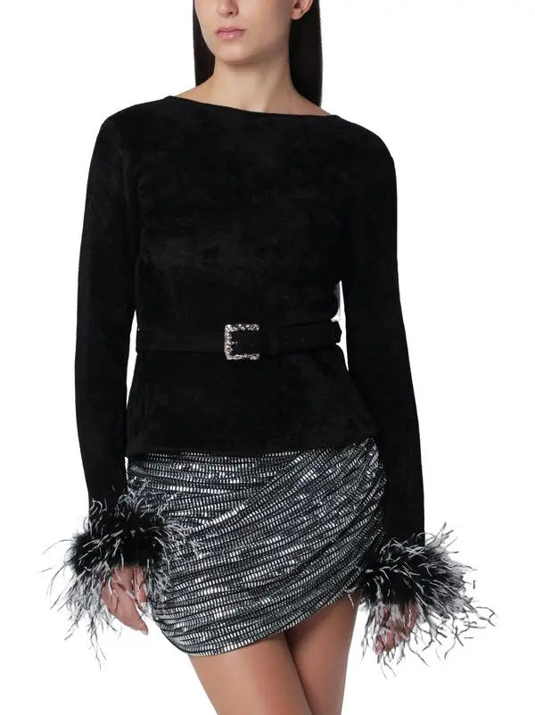SELF-PORTRAIT Chenille Knit Top With Feather Trim - Black