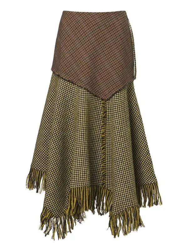 GANNI Fringed Houndstooth Wool-blend Midi Skirt - Multicoloured