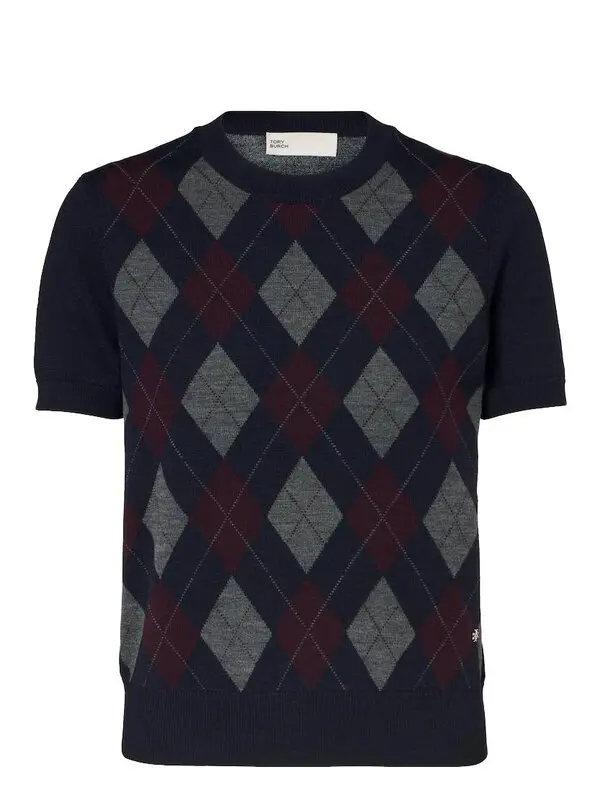 Tory Burch Argyle Wool Sweater - Blue
