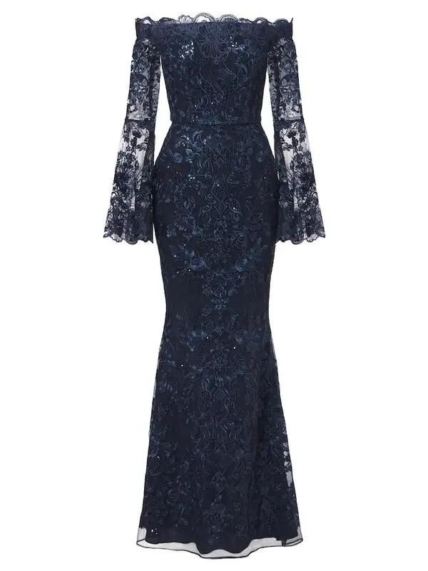 Elie Saab Sequined Off-shoulder Lace Bustier Gown - Blue