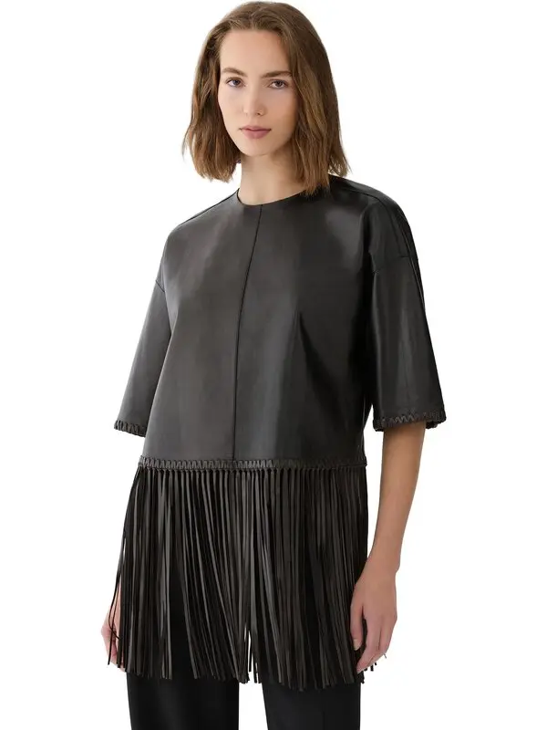 Lafayette 148 New York Nappa Leather Whipstitch Fringe Cropped Blouse - Black