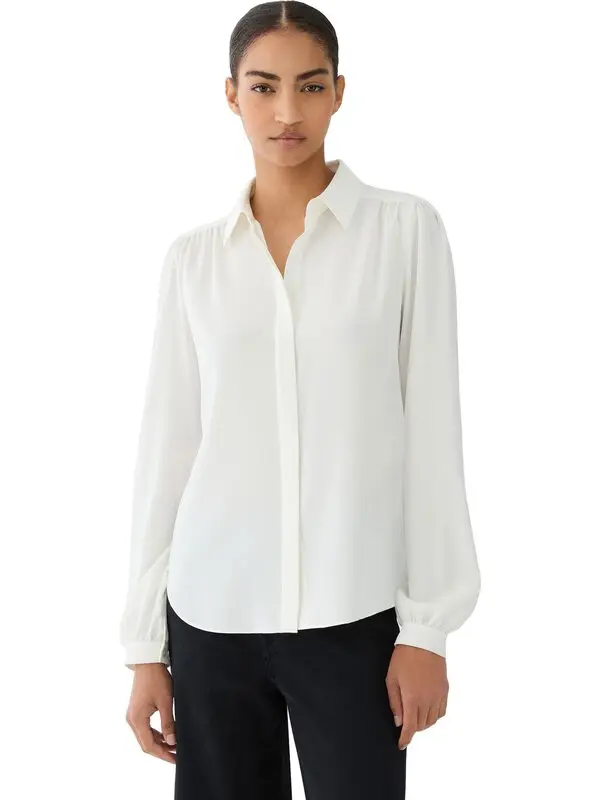 Lafayette 148 New York Organic Silk Georgette Shirred Blouse - Cloud