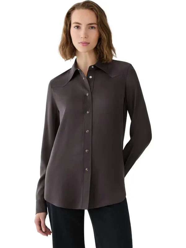 Lafayette 148 New York Silk Charmeuse Western Yoke Blouse - Truffle