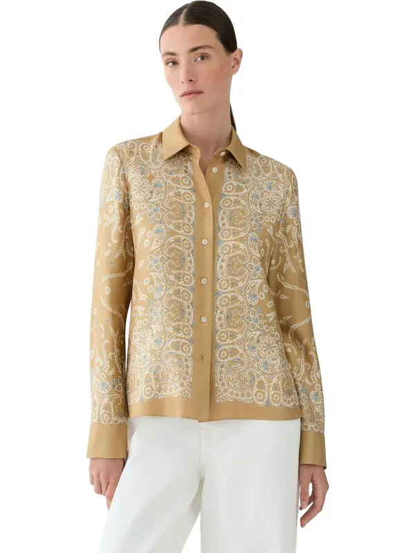 Lafayette 148 New York Bandana Print Silk Twill Button Front Blouse - Wheat Multi
