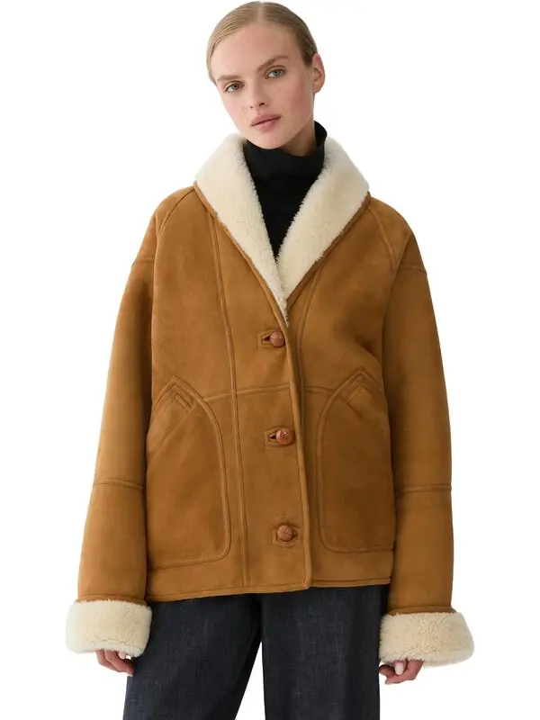 Lafayette 148 New York Shearling Reversible Shawl Collar Coat - Saddle/buff