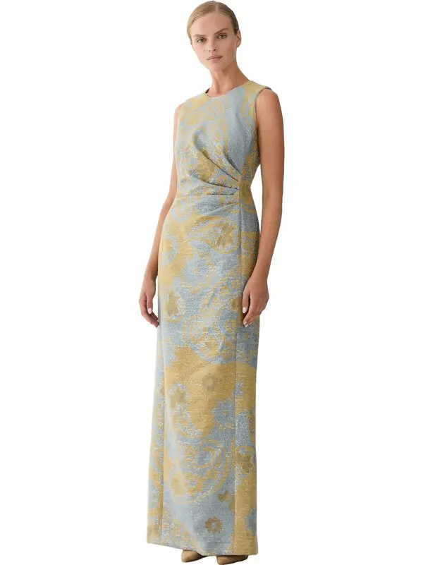 Lafayette 148 New York Paisley Jacquard Pleated Sleeveless Gown - Wheat Multi