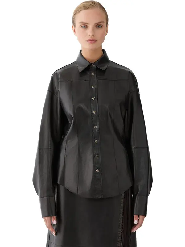 Lafayette 148 New York Nappa Leather Western Shirt - Black