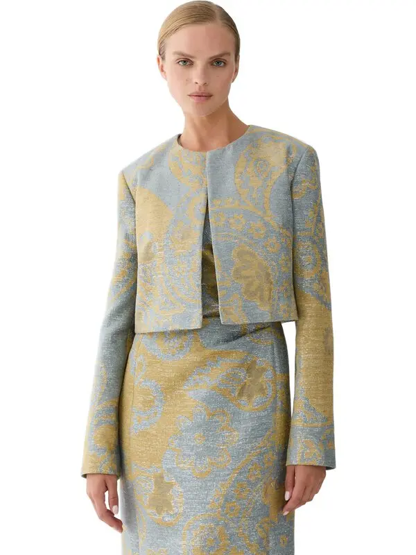 Lafayette 148 New York Paisley Jacquard Collarless Cropped Jacket - Wheat Multi