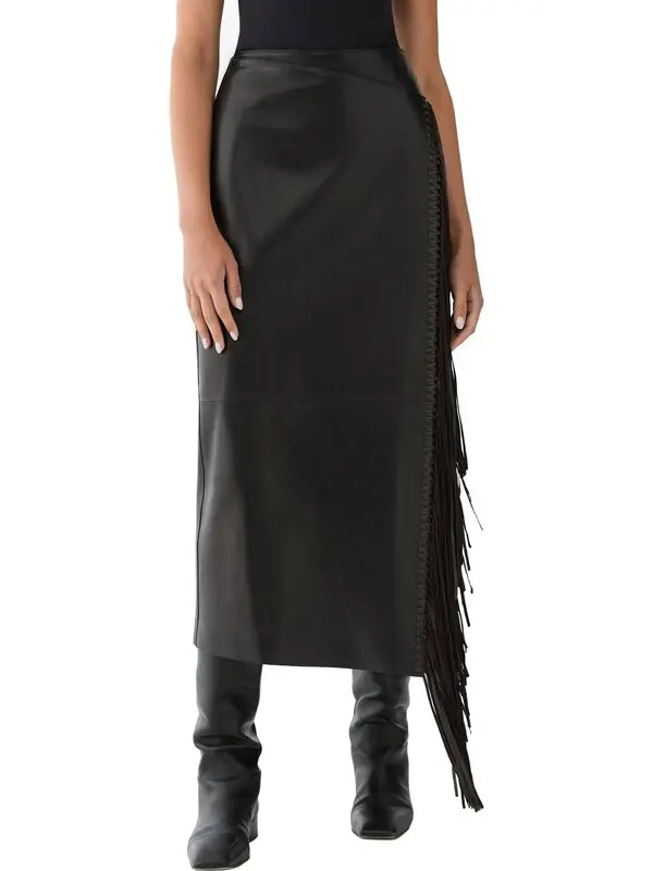 Lafayette 148 New York Nappa Leather Whipstitch Fringe Midi Skirt - Black