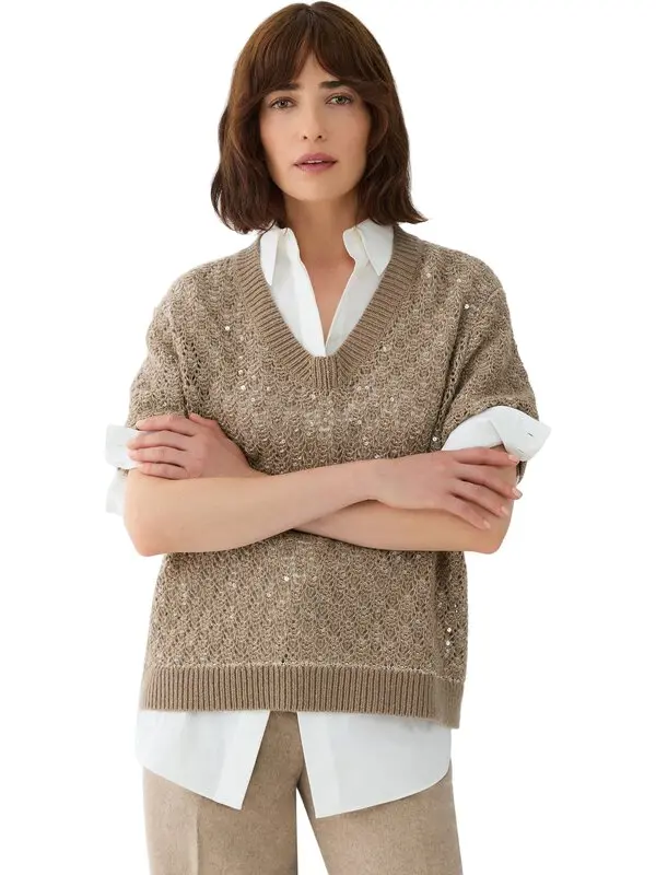 Lafayette 148 New York Hand Sequined Wool Cashmere Cotton Sweater - Hickory Multi
