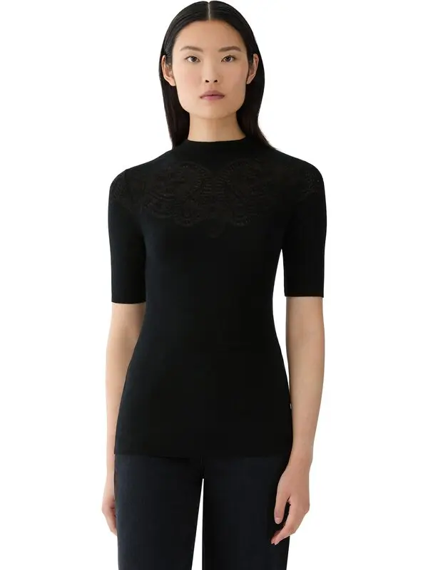 Lafayette 148 New York Paisley Merino Wool Ribbed Illusion Sweater - Black