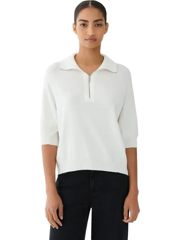 Lafayette 148 New York Matte Crepe Half Zip Short Sleeve Sweater - Cloud