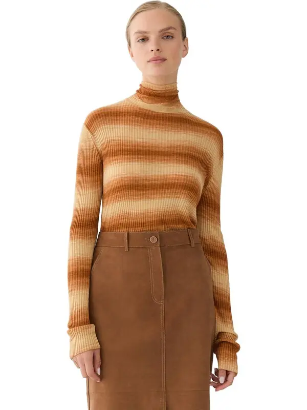 Lafayette 148 New York Horizon Stripe Viscose Ribbed Sweater - Copper Multi