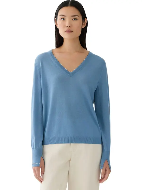 Lafayette 148 New York Cashmere Hand Beaded V-neck Sweater - Slate
