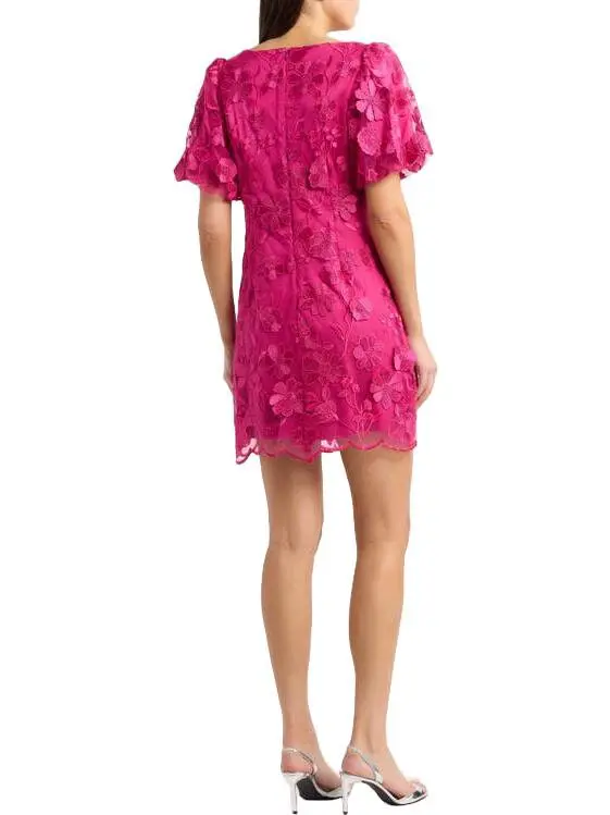 Eliza J Embroidered Puff Sleeve Shift Minidress - Fch