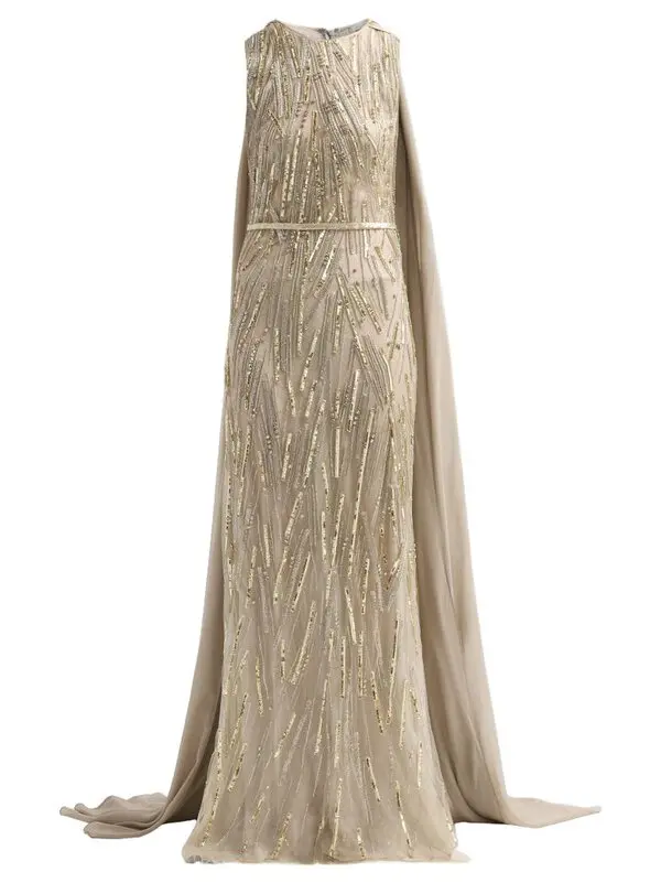 REEM ACRA After Midnight Embellished Sheer Cape Gown - Silver