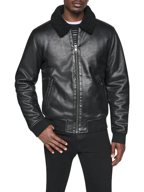 Dkny Faux Leather Bomber Jacket With Faux Fur Collar - Black