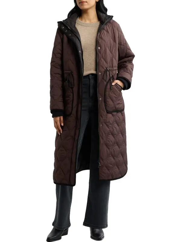 Bernardo Hooded Diamond Quilted Long Coat - Mole