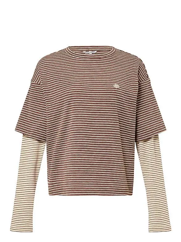 THE COUTURE CLUB Double Layer Stripe Long-sleeve Woven T-shirt - Brown