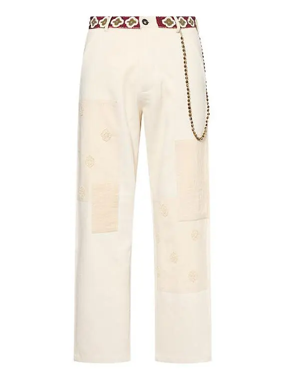 KARTIK RESEARCH Patchwork Embroidered Denim Jeans - Ecru/maroon/olive