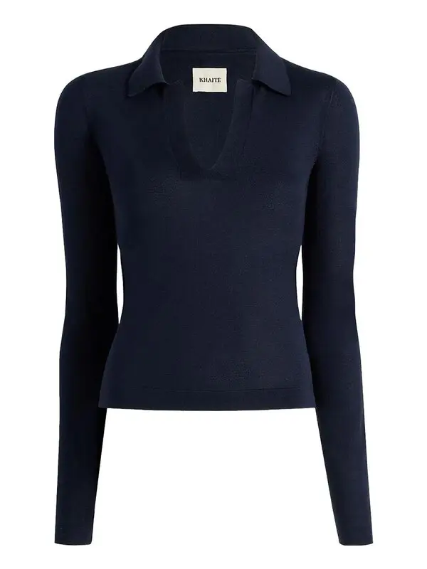 Khaite Mikel Long-sleeve Knit Polo Top - Midnight Navy