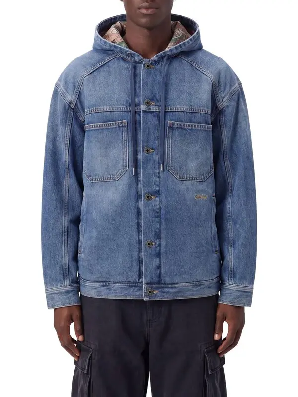 Off-White Cotton Denim Hooded Jacket With Patch Pockets - Blue