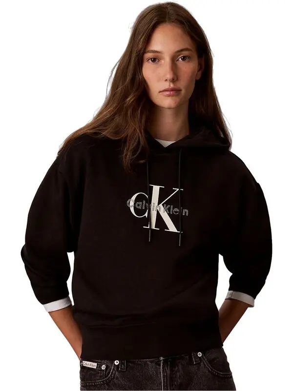 Calvin Klein Rhinestone Monologo Fleece Hoodie - Black
