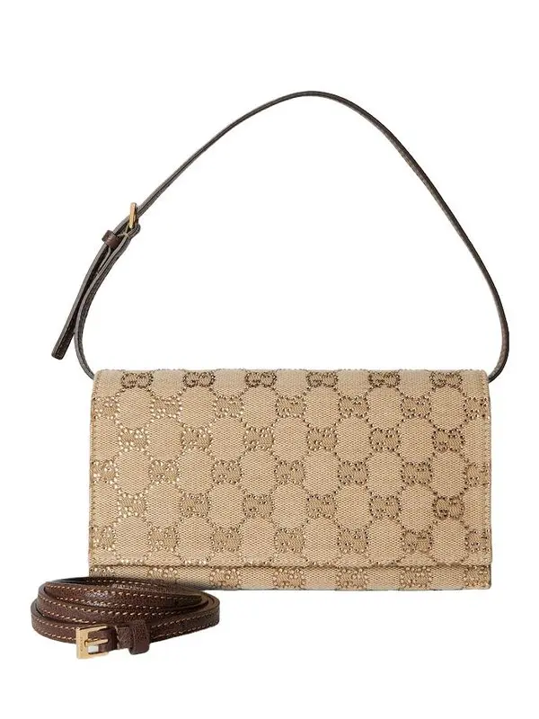 Gucci Crystal Small Pouch With Strap Original Gg Fabric - Beige