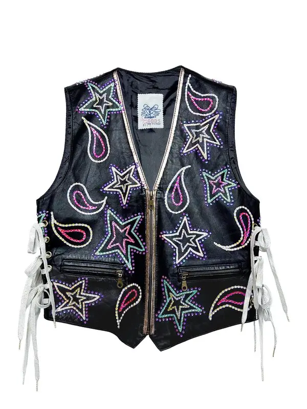 ACID CAT Paisley Dream Kitty Rhinestone Lace Up Leather Vest - Black