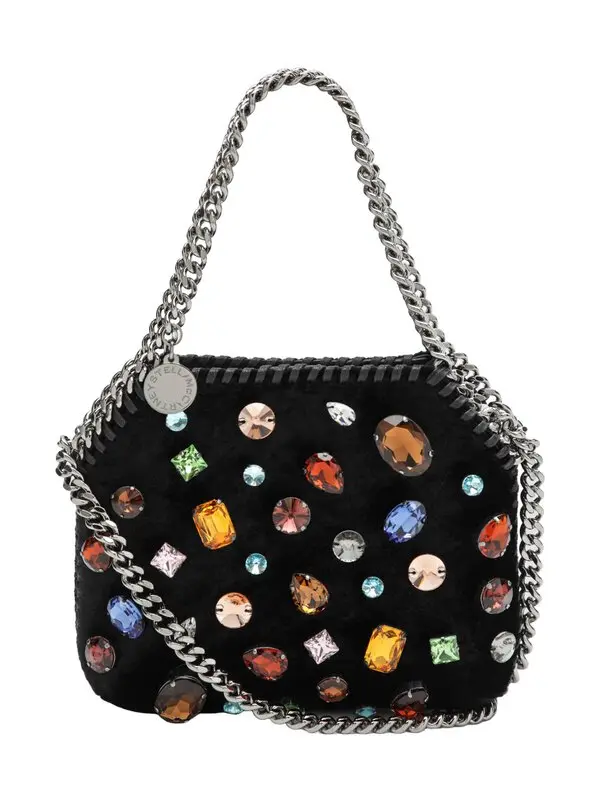Stella McCartney Falabella Tiny Shoulder Bag In Velvet With Crystals - Black