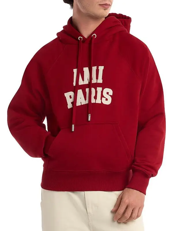 AMI Paris Embroidered Hoodie - Ruby Red/ivory