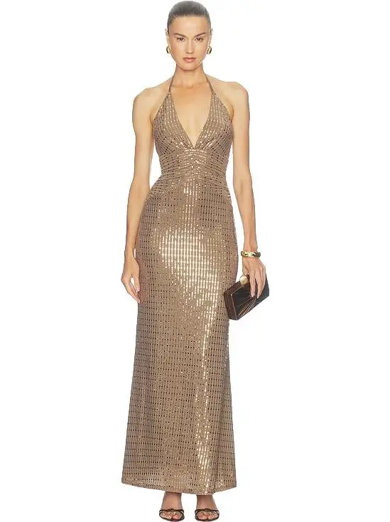 RUNAWAY THE LABEL Nara Deep V-neck Maxi Dress In Metallic Brown - Bronze