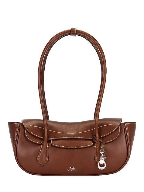 Polo Ralph Lauren Shiny Tumbled Calf Shoulder Bag In Brown - Currant