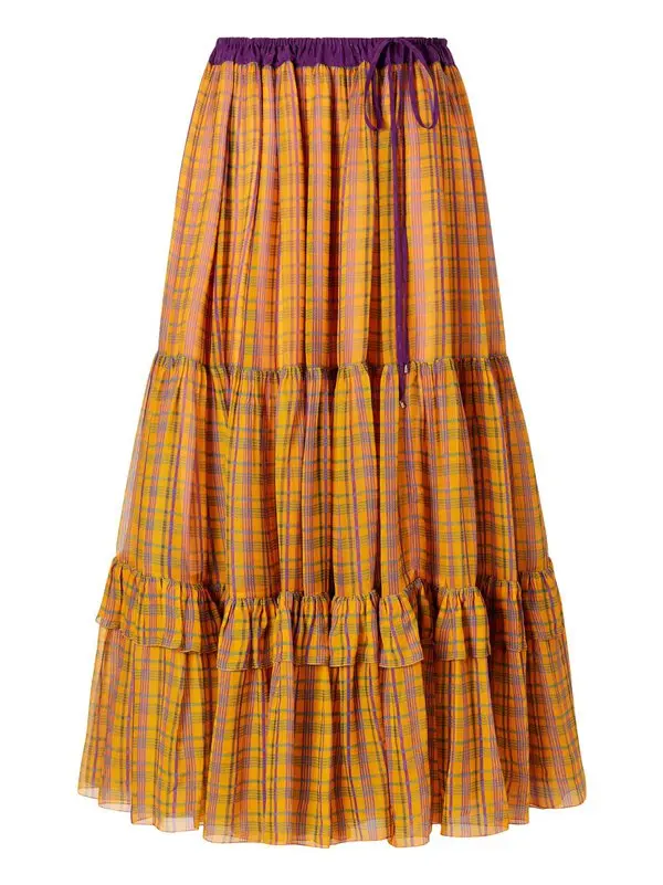 Chloé Ruffled Tiered Checked Silk-mousseline Midi Skirt - Orange