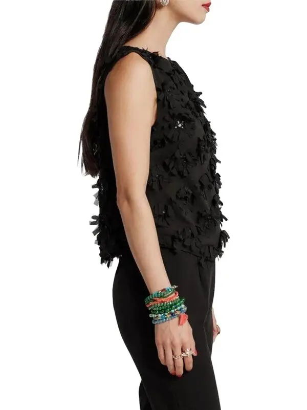 FRANCES VALENTINE Cheree Embellished Daisy-accented Top - Black