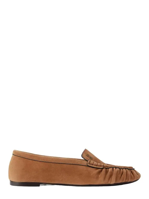 Saint Laurent Loaferino Gathered Suede Ballet Flats - Tan