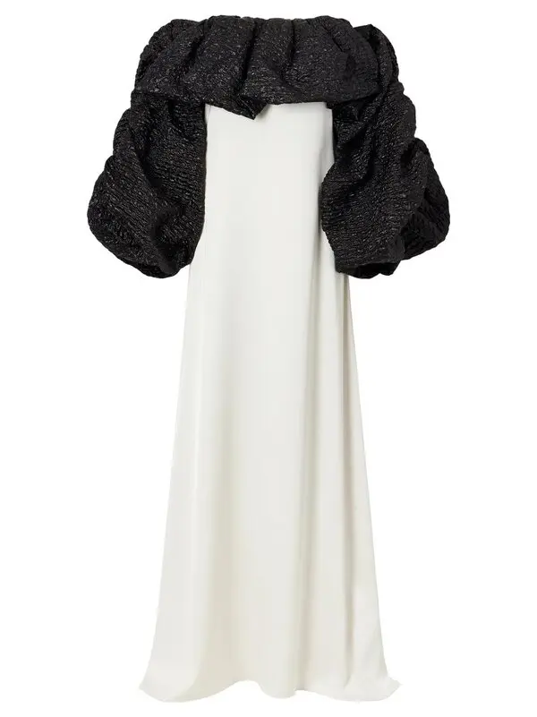 DIMA AYAD Off-the-shoulder Cloqué-trimmed Satin Gown - Neutrals