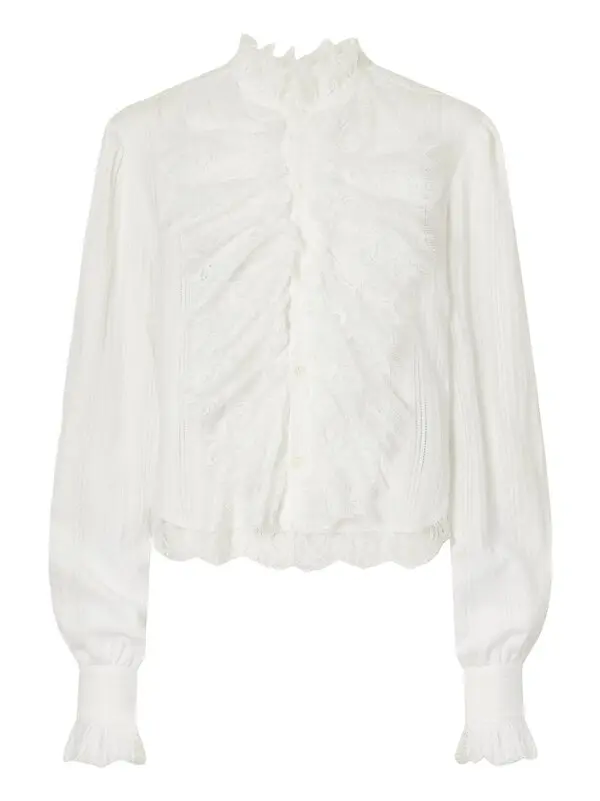 ANN DEMEULEMEESTER Freda Cropped Ruffled Lace-trimmed Openwork Cotton-jacquard Blouse - Neutrals