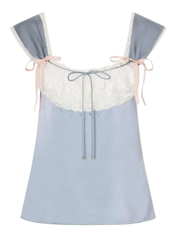 Chloé Bow-detailed Lace-trimmed Silk-satin Cami - Light Blue