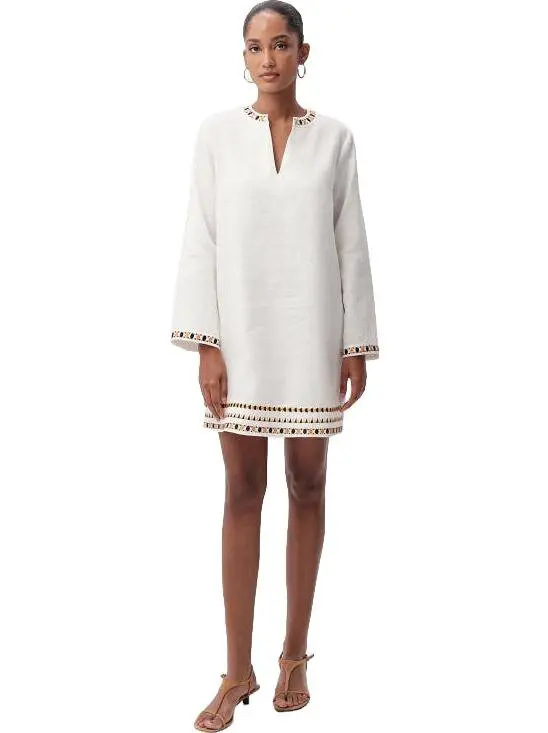 EXQUISE Bernice Tie Neck Long Sleeve Linen Mini Dress - Bone
